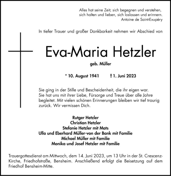 Traueranzeigen von Eva-Maria Hetzler | Trauerportal Ihrer Tageszeitung