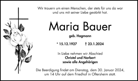 Traueranzeigen von Maria Bauer | Trauerportal Ihrer Tageszeitung