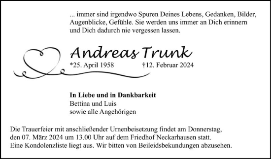 Traueranzeigen von Andreas Trunk | Trauerportal Ihrer Tageszeitung