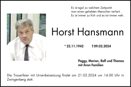 Traueranzeigen von Horst Hansmann | Trauerportal Ihrer Tageszeitung