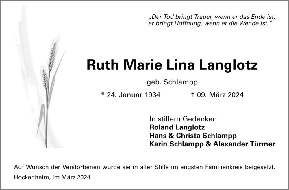 Traueranzeigen von Ruth Marie Lina Langlotz | Trauerportal Ihrer ...