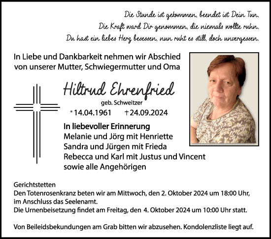 Traueranzeigen von Hiltrud Ehrenfried | Trauerportal Ihrer Tageszeitung