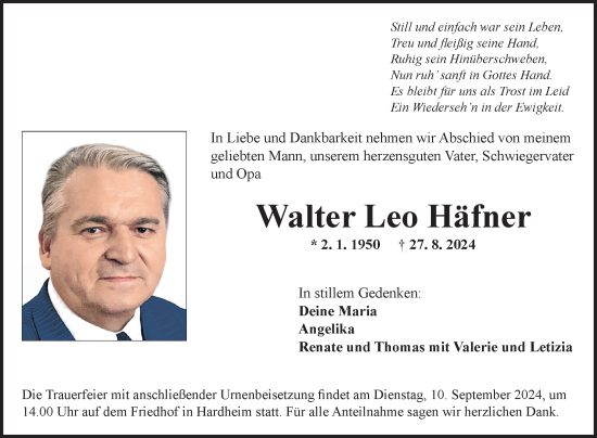 Traueranzeigen von Walter Häfner | Trauerportal Ihrer Tageszeitung