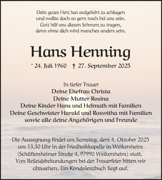 Traueranzeigen von Hans Henning | Trauerportal Ihrer Tageszeitung