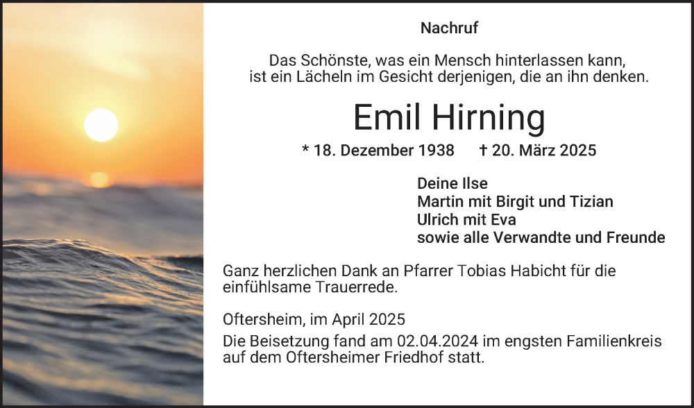 Traueranzeigen von Emil Hirning | Trauerportal Ihrer Tageszeitung