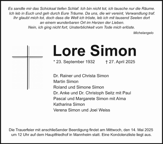 Traueranzeigen von Lore Simon | Trauerportal Ihrer Tageszeitung