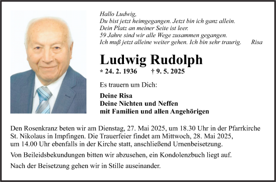 Traueranzeigen von Ludwig Rudolph | Trauerportal Ihrer Tageszeitung