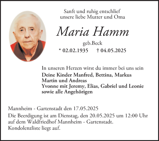 Traueranzeigen von Maria Hamm | Trauerportal Ihrer Tageszeitung