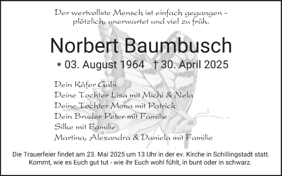 Traueranzeigen von Norbert Baumbusch | Trauerportal Ihrer Tageszeitung