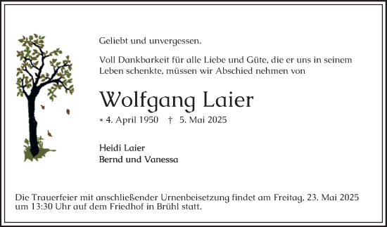 Traueranzeigen von Wolfgang Laier | Trauerportal Ihrer Tageszeitung