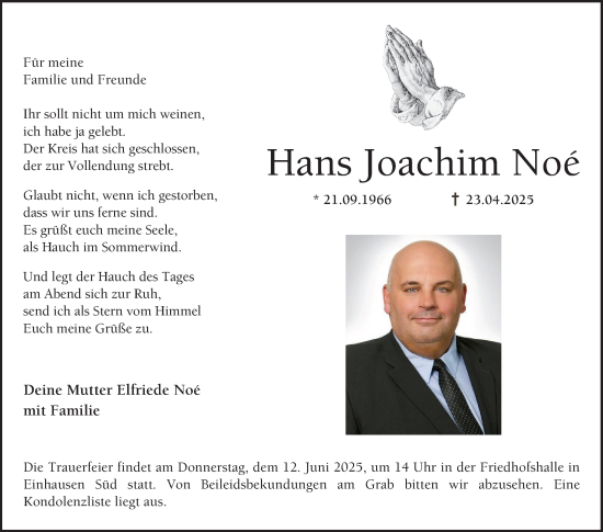 Traueranzeigen von Hans Joachim Noé | Trauerportal Ihrer Tageszeitung