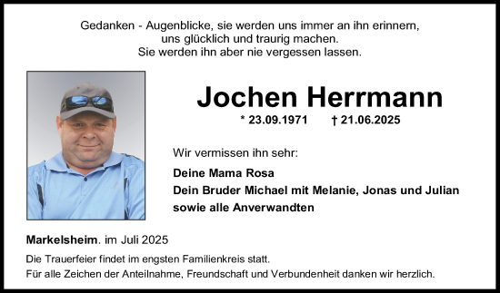 Traueranzeigen von Jochen Herrmann | Trauerportal Ihrer Tageszeitung