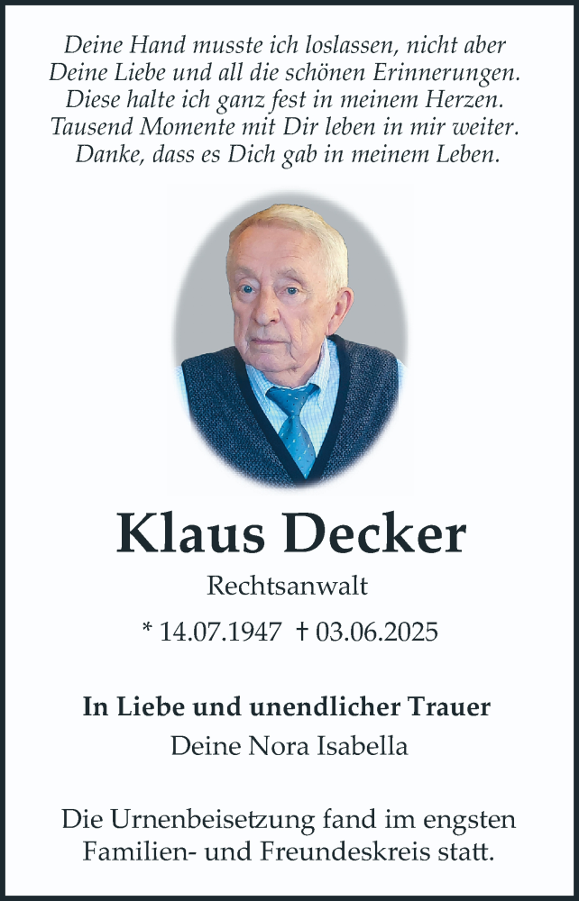 Traueranzeigen von Klaus Decker | Trauerportal Ihrer Tageszeitung