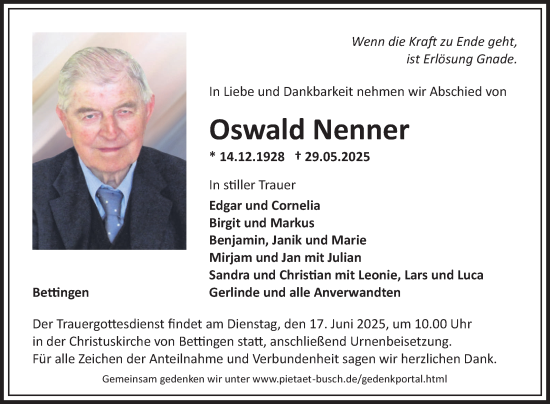 Traueranzeigen von Oswald Nenner | Trauerportal Ihrer Tageszeitung